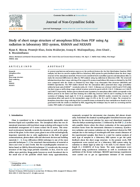 (PDF) Study of short range structure of amorphous Silica from PDF using ...