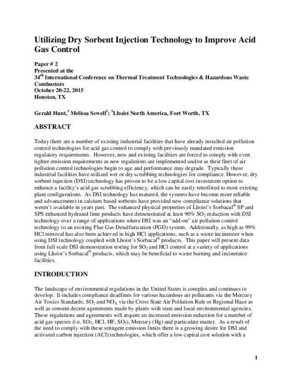 (PDF) Utilizing Dry Sorbent Injection Technology to Improve Acid Gas ...