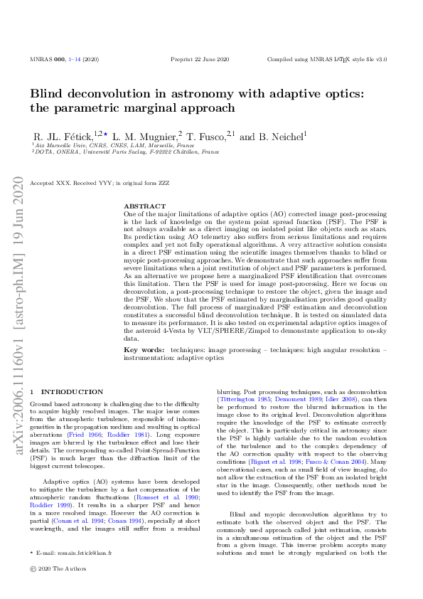 Pdf Blind Deconvolution In Astronomy With Adaptive Optics The Parametric Marginal Approach