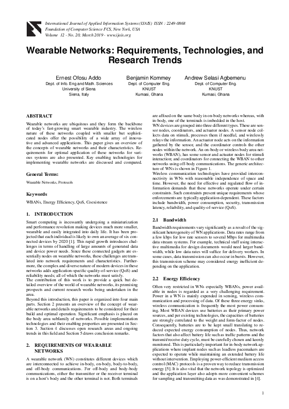 (PDF) Wearable Networks: Requirements, Technologies, and Research ...