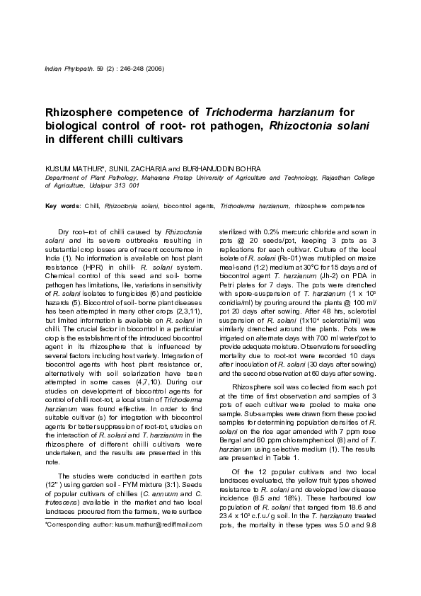 (PDF) Rhizosphere competence of Trichoderma harzianum for biological ...