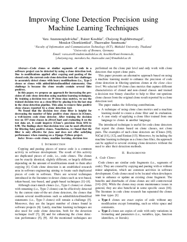 (PDF) Improving Clone Detection Precision Using Machine Learning Techniques