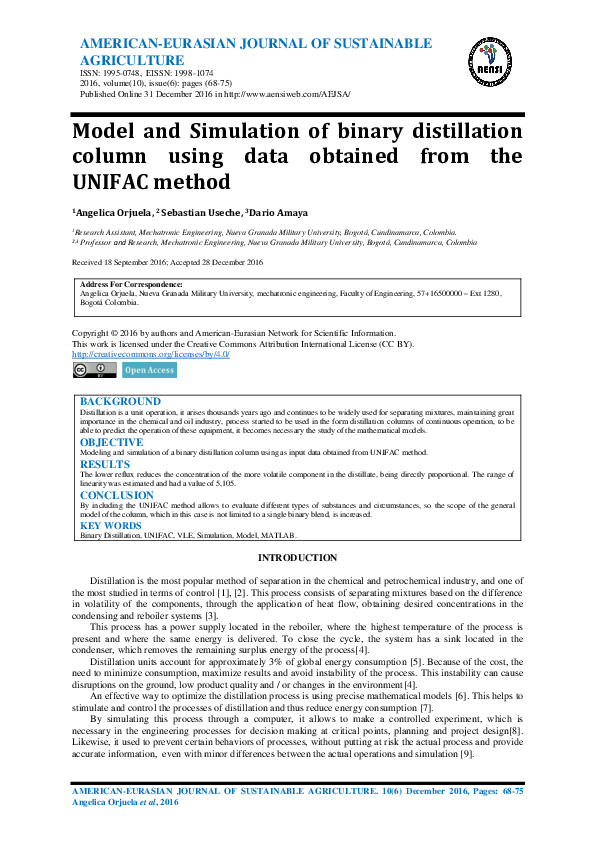 Pdf Model And Simulation Of Binary Distillation Column Using Data Obtained From The Unifac Method