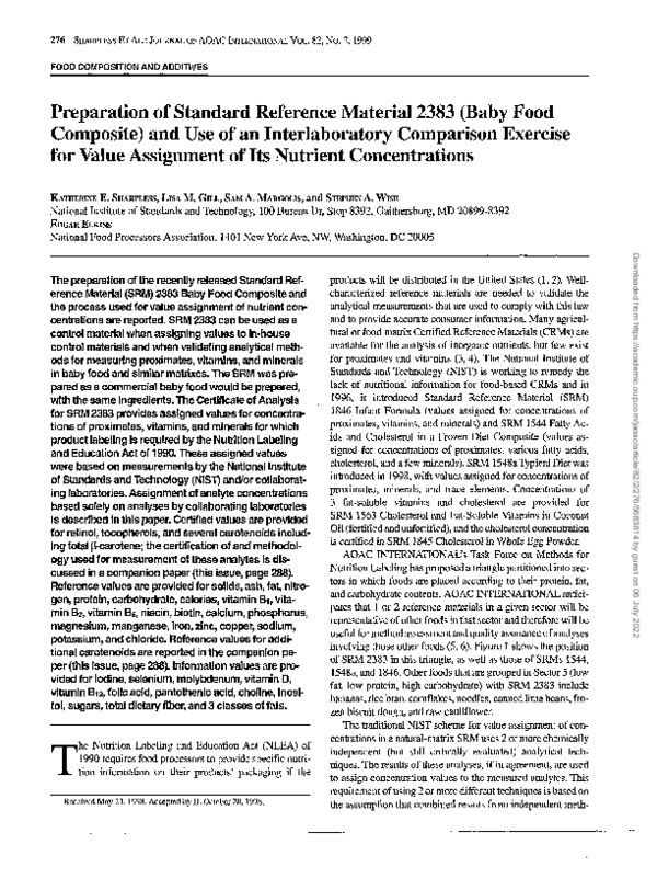 (PDF) Preparation of Standard Reference Material 2383 (Baby Food ...