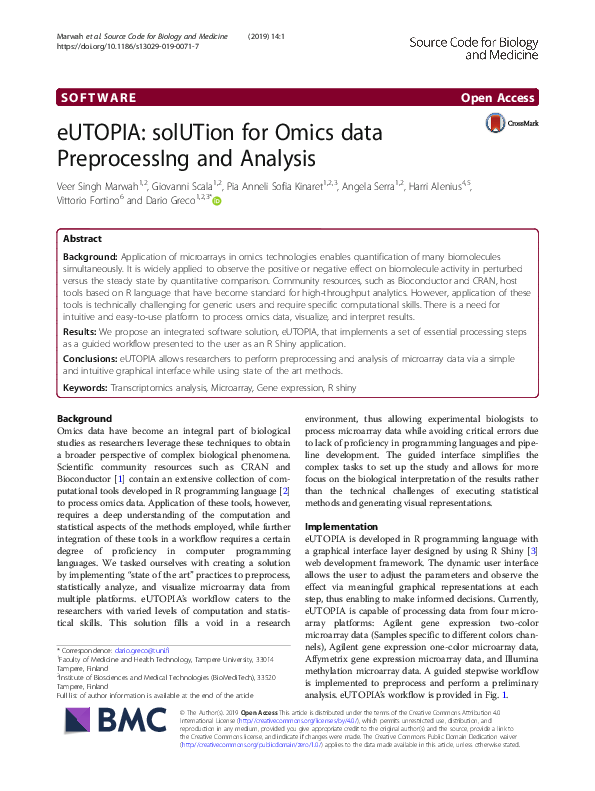 (PDF) eUTOPIA: Solution for omics data preprocessing and analysis