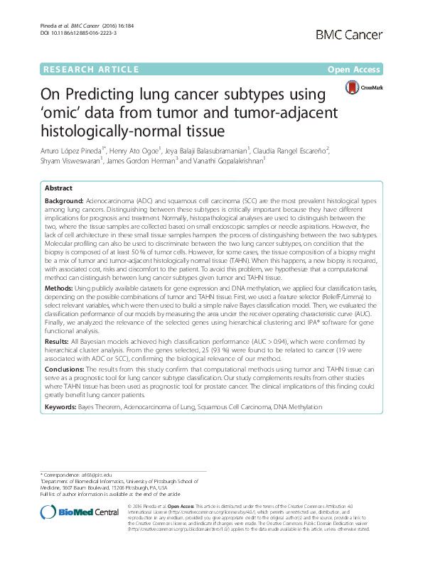 (PDF) On Predicting lung cancer subtypes using ‘omic’ data from tumor ...