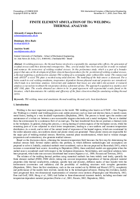 (PDF) Finite Element Simulation Of Tig Welding: Thermal Analysis