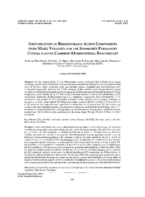 Identification of Behaviourally Active Components from Maize Volatiles ...