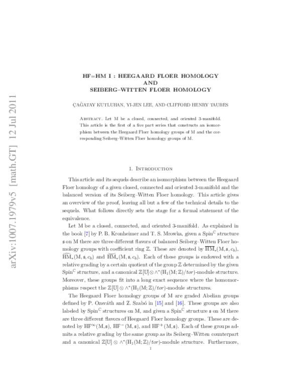 (PDF) HF=HM, I : Heegaard Floer homology and Seiberg–Witten Floer homology
