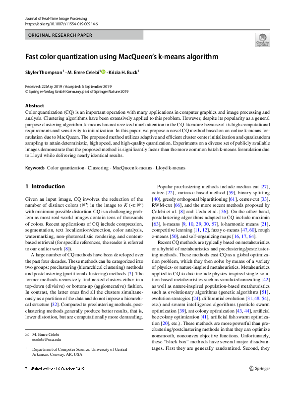 (PDF) Fast color quantization using MacQueen’s k-means algorithm