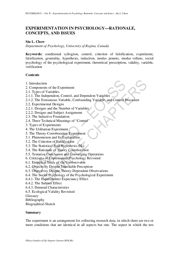 (PDF) Experimentation in Psychology--Rationale, Concepts and Issues