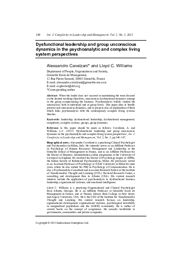 (PDF) Dysfunctional leadership and group unconscious dynamics in the ...