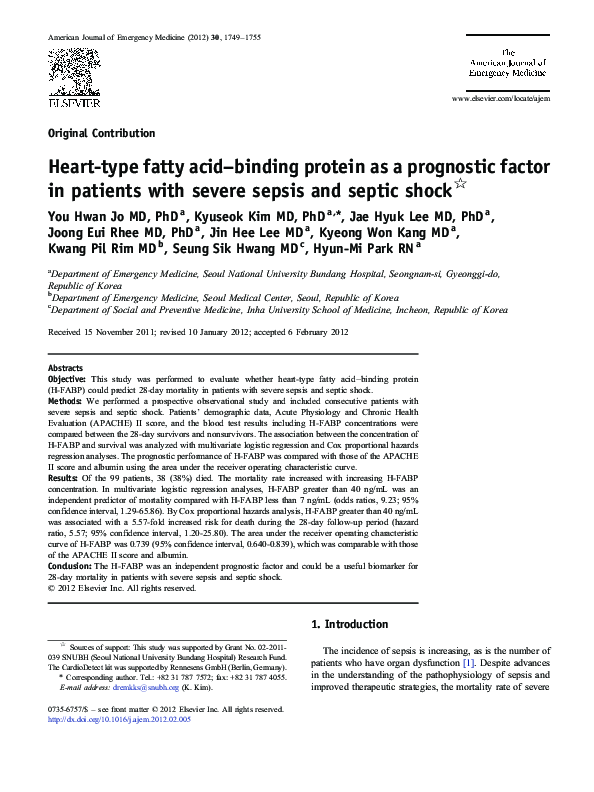 (PDF) Heart-type fatty acid–binding protein as a prognostic factor in patients with severe ...