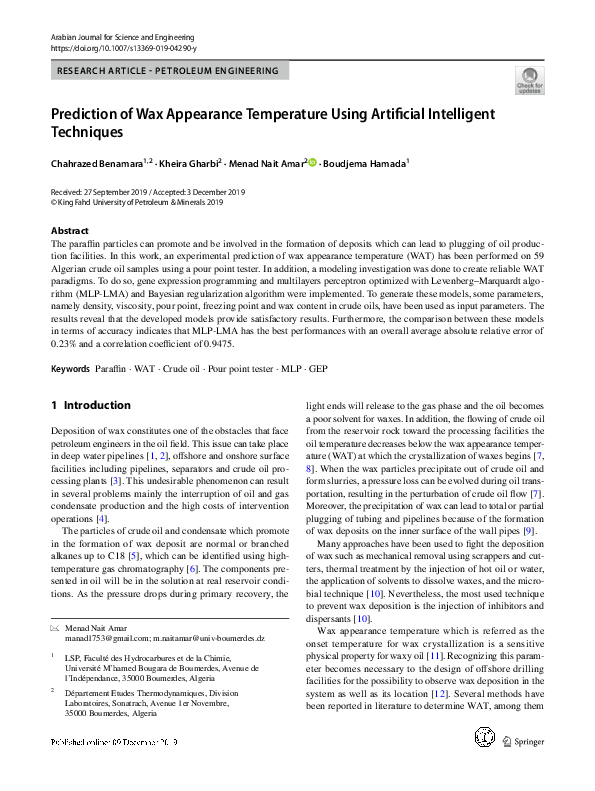 (PDF) Prediction of Wax Appearance Temperature Using Artificial ...