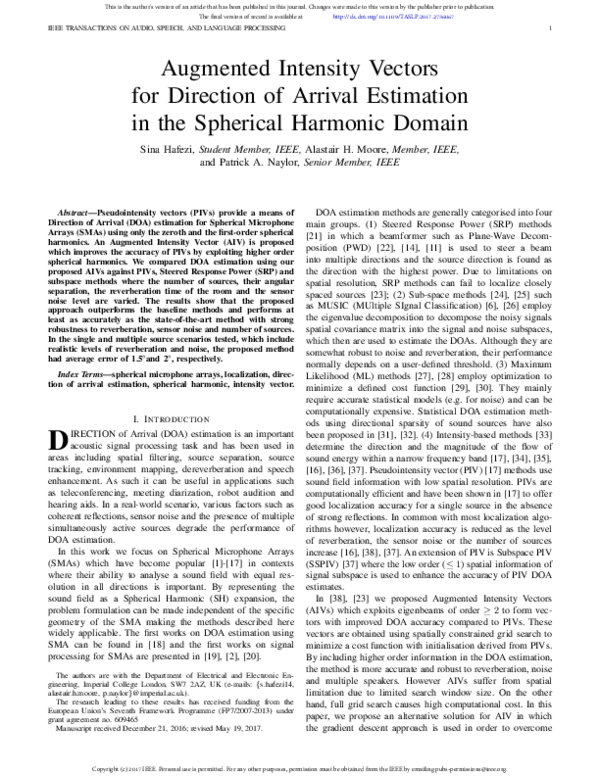 (PDF) Augmented Intensity Vectors for Direction of Arrival Estimation in the Spherical Harmonic ...