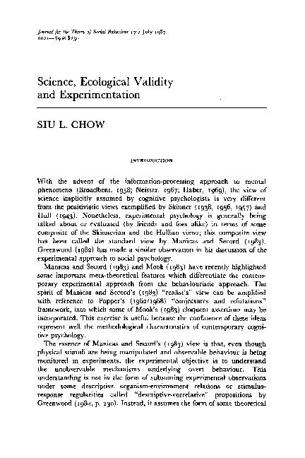 (PDF) Science, Ecological Validity and Experimentation