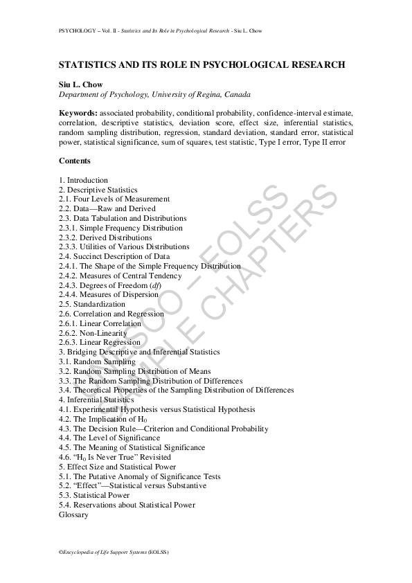(PDF) Statistics and Its Role in Psychological Research