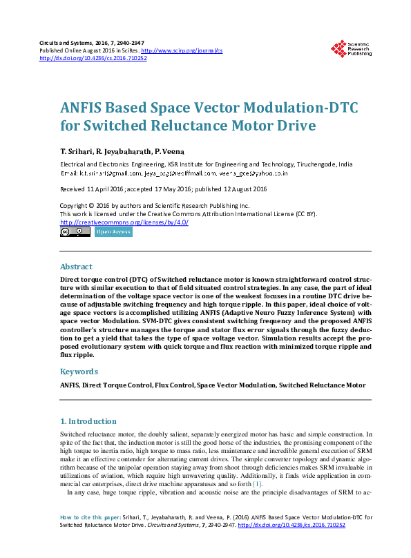 Pdf Anfis Based Space Vector Modulation Dtc For Switched Reluctance
