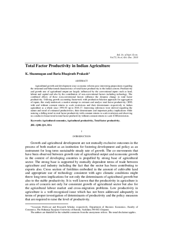 (PDF) Total Factor Productivity in Indian Agriculture