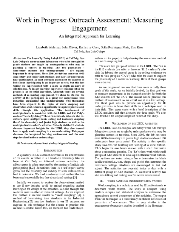 (PDF) Work in progress: Outreach assessment: Measuring engagement: An integrated approach for ...