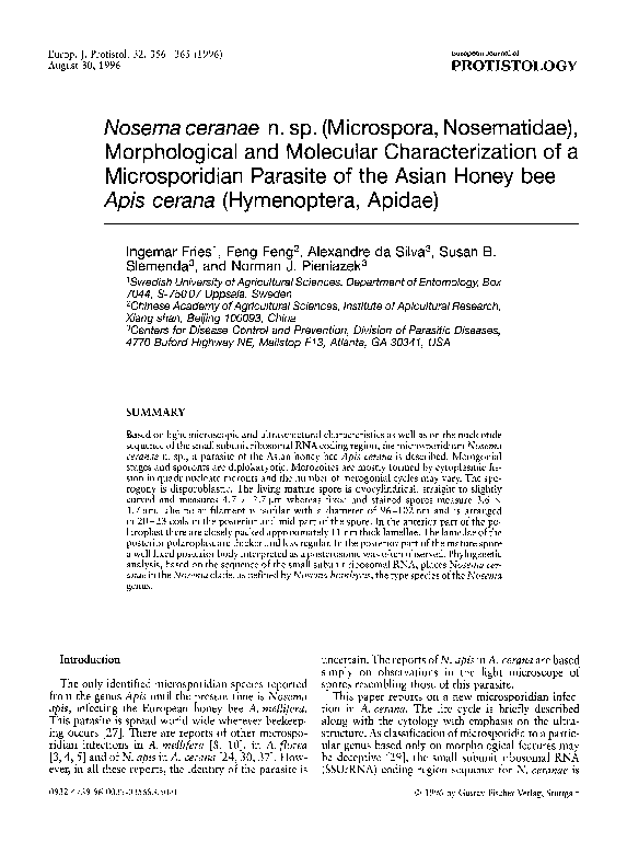 (PDF) Nosema ceranae n. sp. (Microspora, Nosematidae), morphological ...