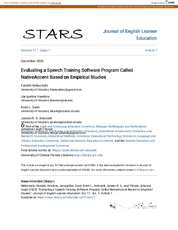 (PDF) Evaluating a Speech Training Software Program Called NativeAccent Based on Empirical Studies