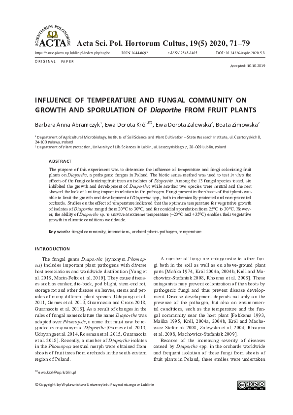 (PDF) The INFLUENCE OF TEMPERATURE AND FUNGAL COMMUNITY ON GROWTH AND SPORULATION OF Diaporthe ...
