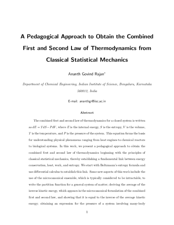 (PDF) A Pedagogical Approach to Obtain the Combined First and Second Law of Thermodynamics from ...