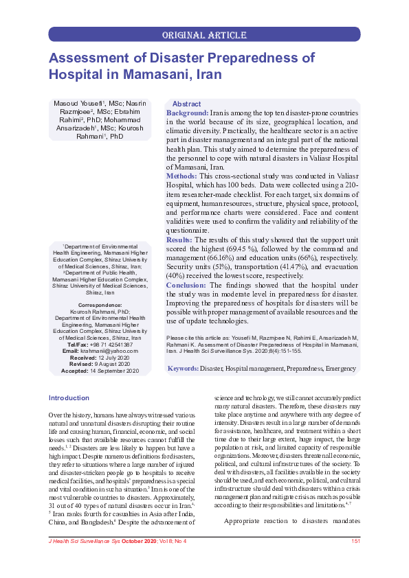 (PDF) Assessment of Disaster Preparedness of Hospital in Mamasani, Iran