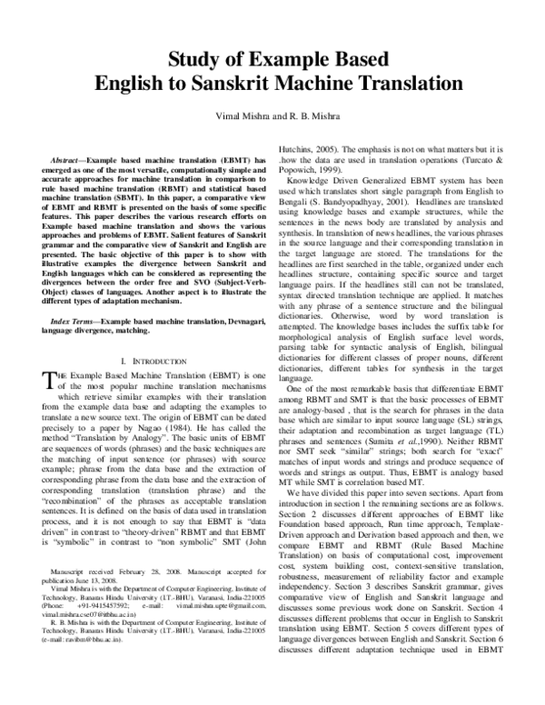 (PDF) Study of Example Based English to Sanskrit Machine Translation