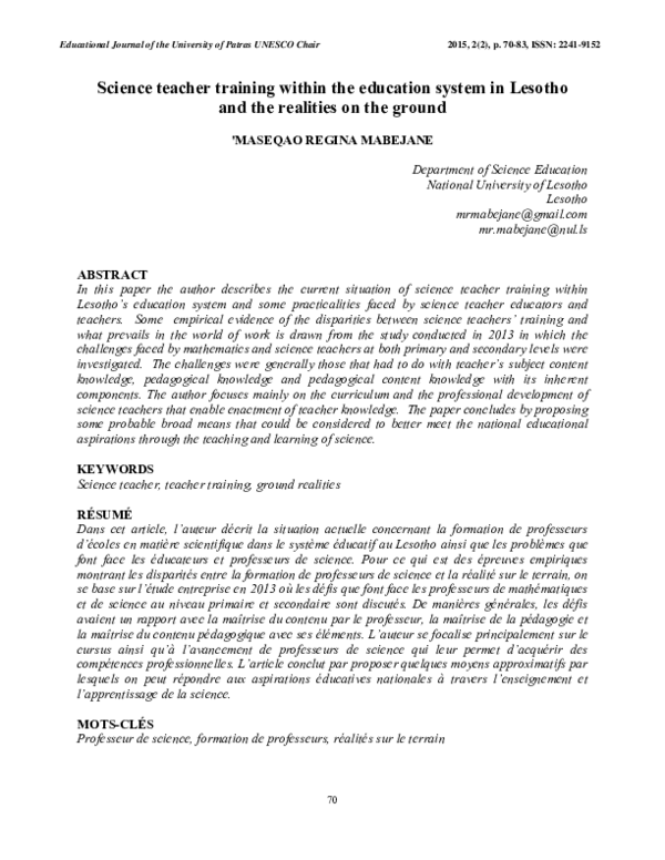(PDF) Science teacher training within the education system in Lesotho ...