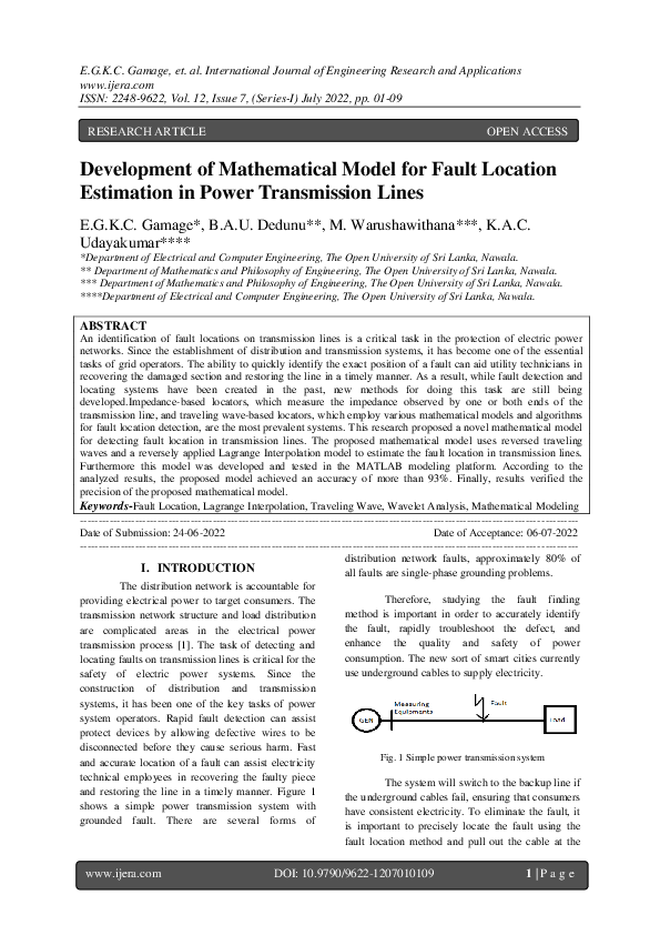 Pdf Development Of Mathematical Model For Fault Location Estimation