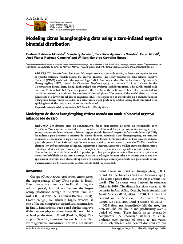 (PDF) Modeling citrus huanglongbing data using a zero-inflated negative binomial distribution