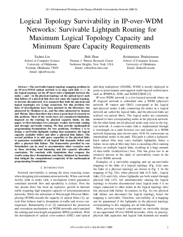 (PDF) Logical topology survivability in IP-over-WDM networks: Survivable lightpath routing for ...