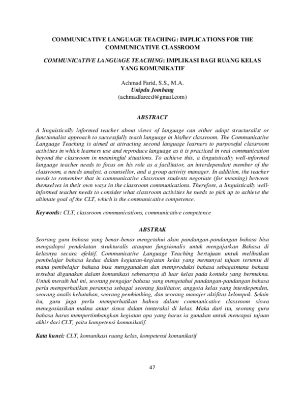 (PDF) Communicative Language Teaching: Implications for the Communicative Classroom