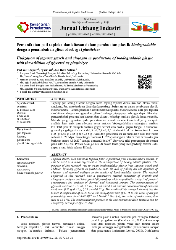 (PDF) Pemanfaatan pati tapioka dan kitosan dalam pembuatan plastik ...