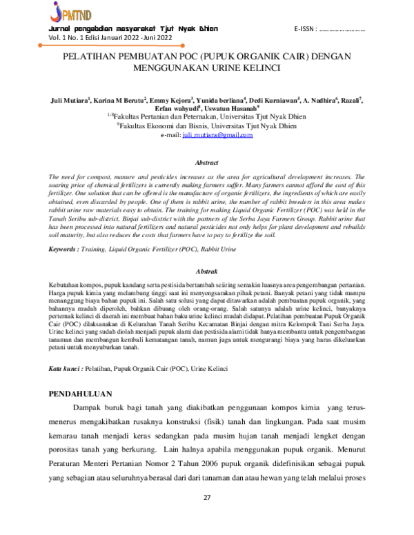 (PDF) Pelatihan Pembuatan Poc (Pupuk Organik Cair) Dengan Menggunakan Urine Kelinci