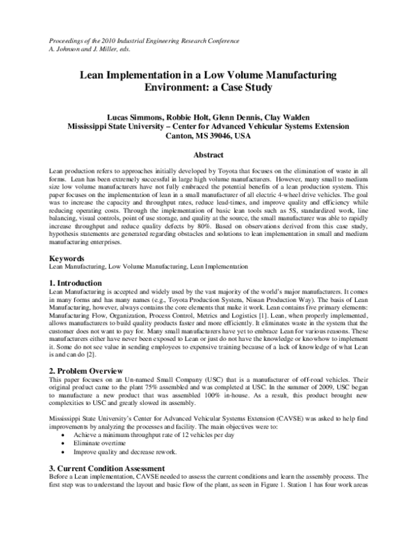 (PDF) Lean Implementation in a Low Volume Manufacturing Environment: a Case Study