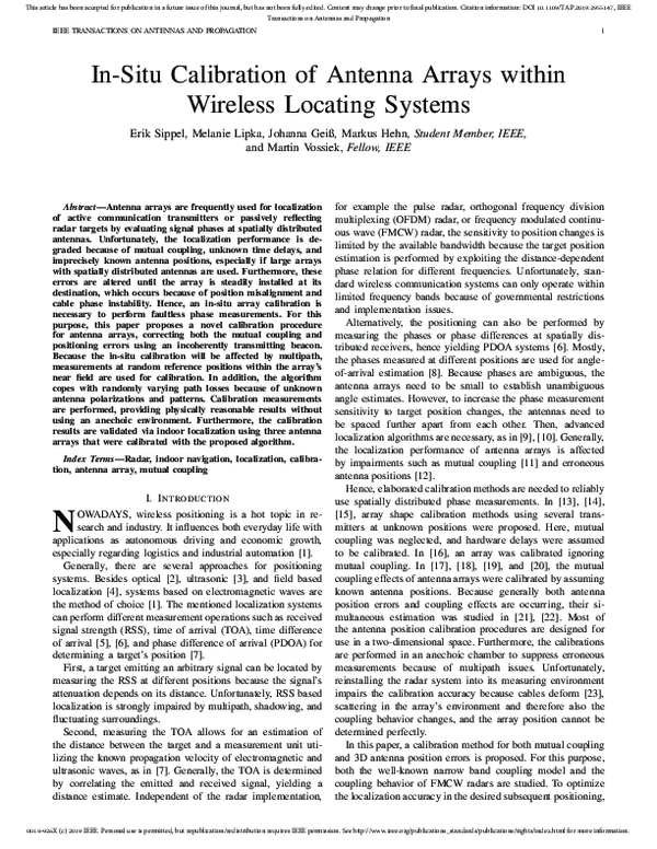 Pdf In Situ Calibration Of Antenna Arrays Within Wireless Locating Systems