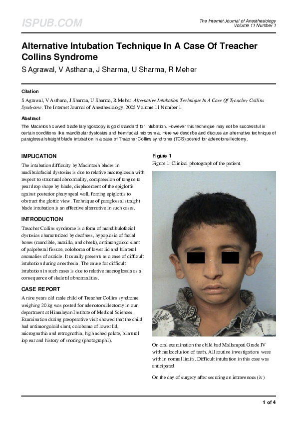 (PDF) Alternative Intubation Technique In A Case Of Treacher Collins ...