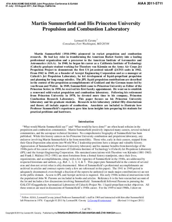 (PDF) Martin Summerfield and His Princeton University Propulsion and ...