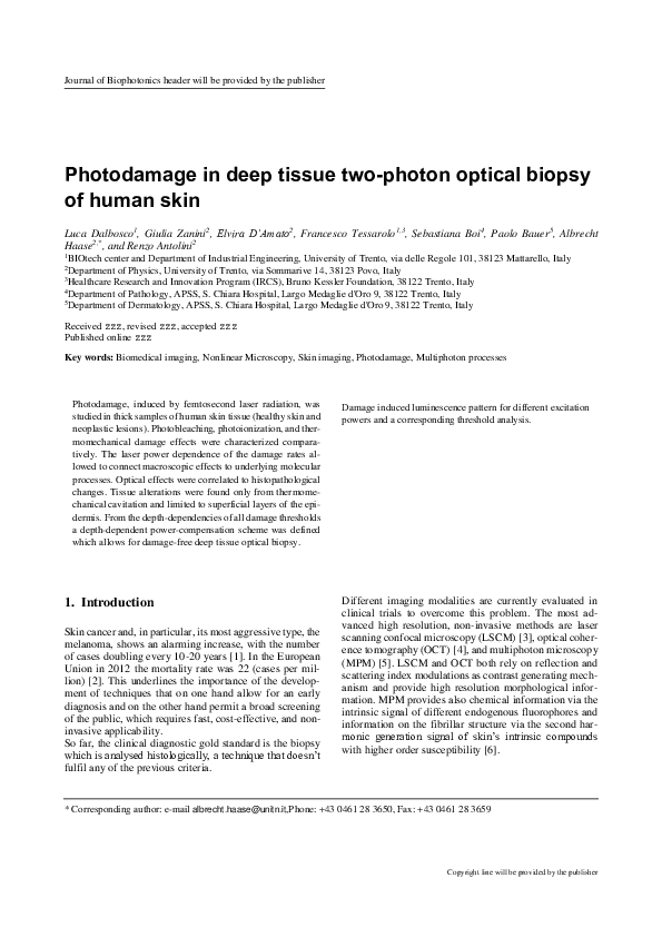 (PDF) Photodamage in deep tissue two-photon optical biopsy of human skin