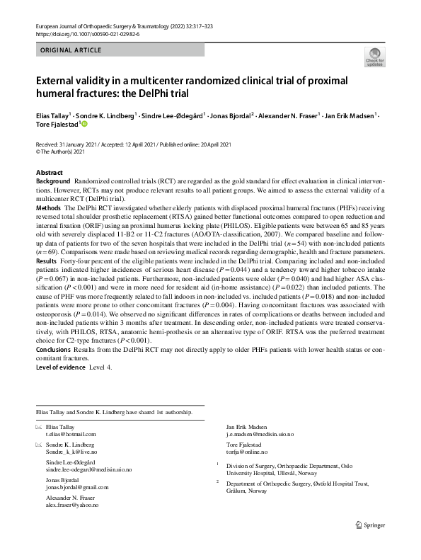 (PDF) External validity in a multicenter randomized clinical trial of proximal humeral fractures ...