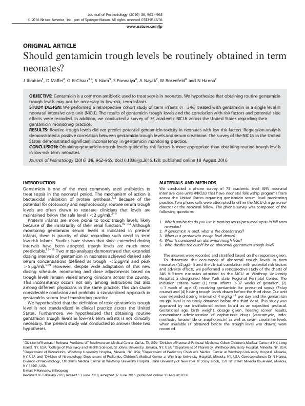 (PDF) Should gentamicin trough levels be routinely obtained in term ...