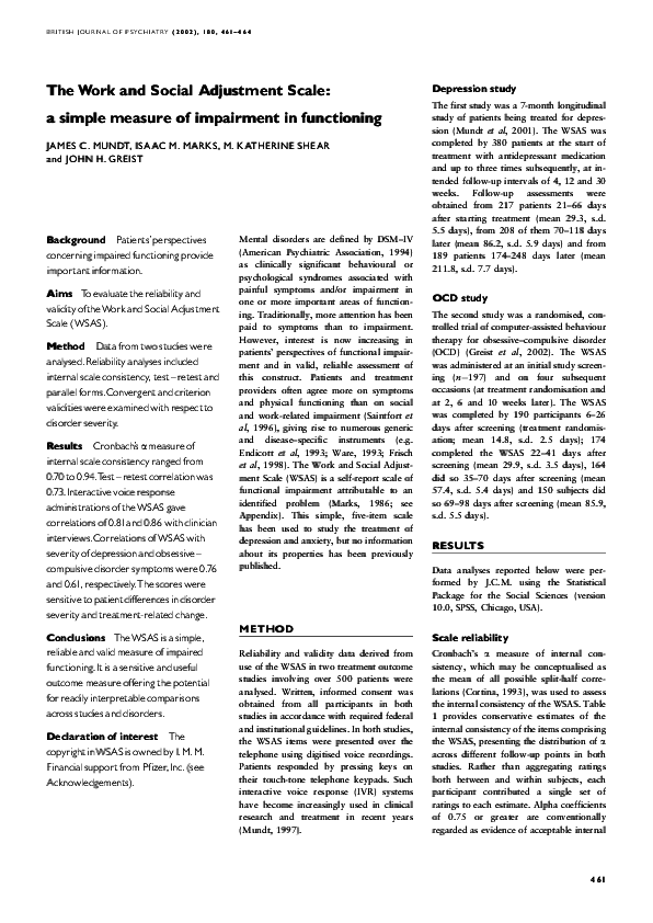 (PDF) The Work and Social Adjustment Scale: a simple measure of ...