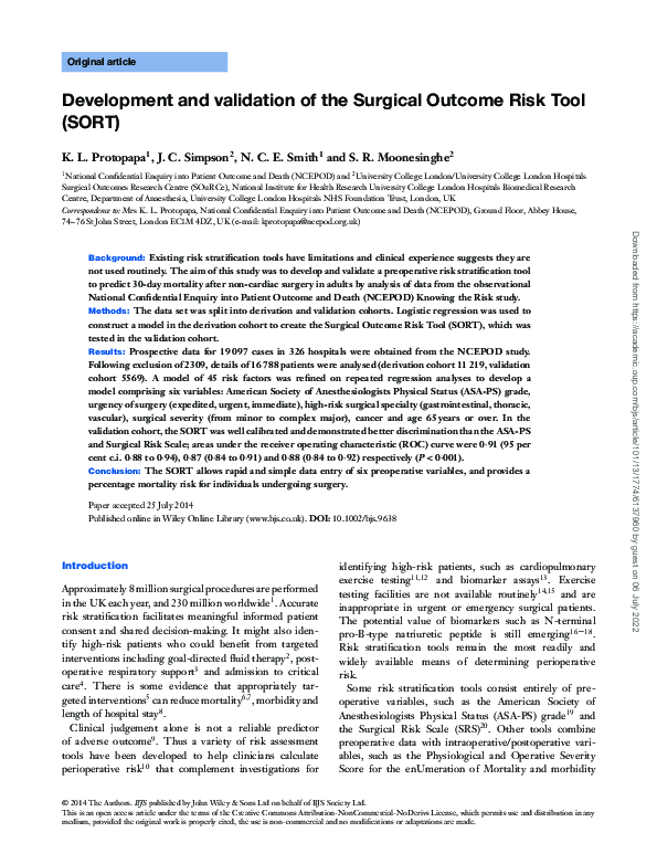 (PDF) Development and validation of the Surgical Outcome Risk Tool (SORT)