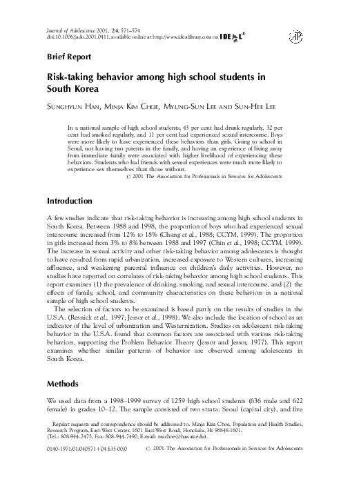 (PDF) Risk-taking behavior among high school students in South Korea