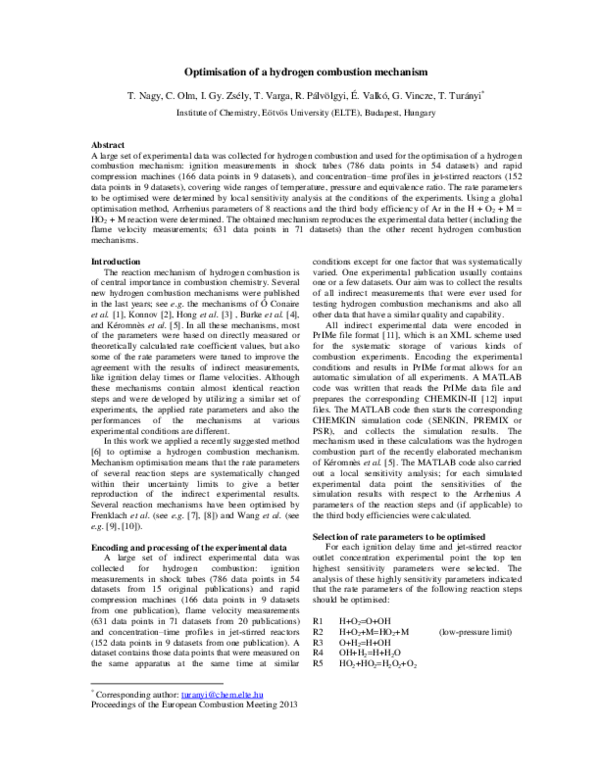(PDF) Optimisation of a hydrogen combustion mechanism