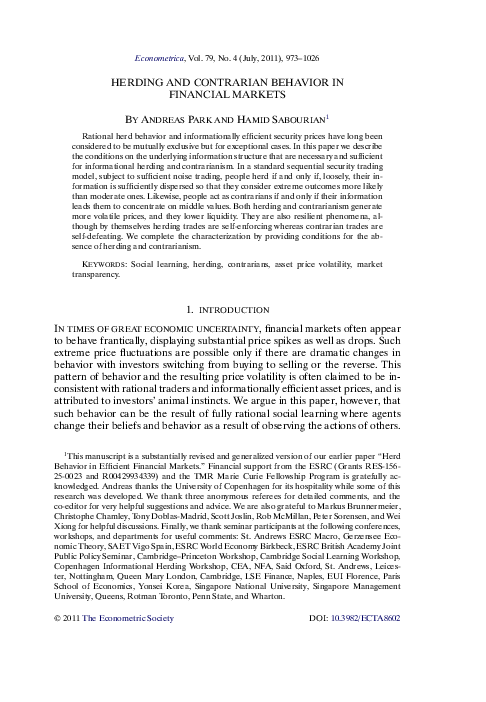 (PDF) Herding and Contrarian Behavior in Financial Markets