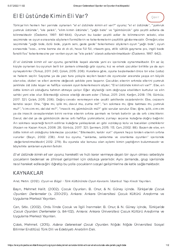 (PDF) EL EL ÜSTÜNDE KİMİN ELİ VAR OYUNU
